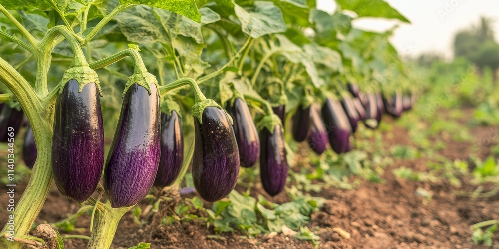 Raw brinjal field ready for harvest showcases the vibrant growth of brinjal. This raw brinjal ...