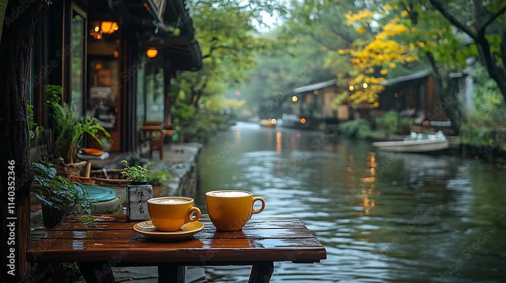 Relaxing Riverside Coffee Spot in a Picturesque Japanese Setting Stock ...