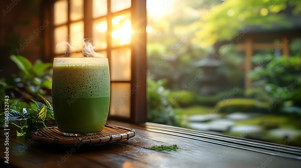 Steaming Matcha Latte in a Tranquil Japanese Garden Setting Stock Photo ...