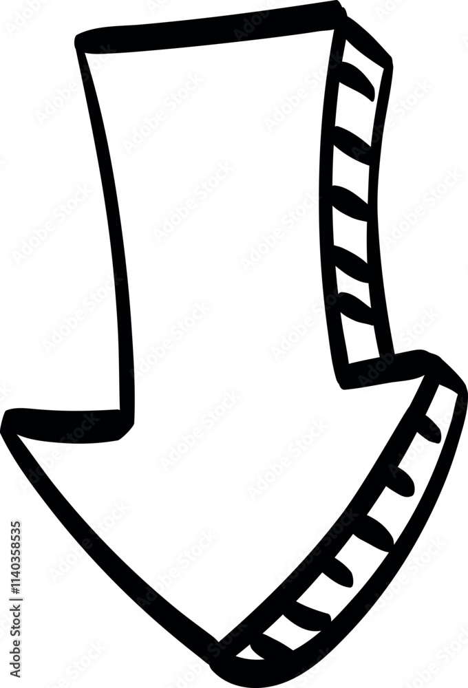 Hand-drawn black-and-white arrow pointing downward with a thick outline ...