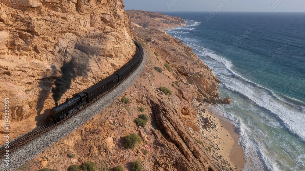Scenic train journey along cliffside coastal railway track breathtaking ...