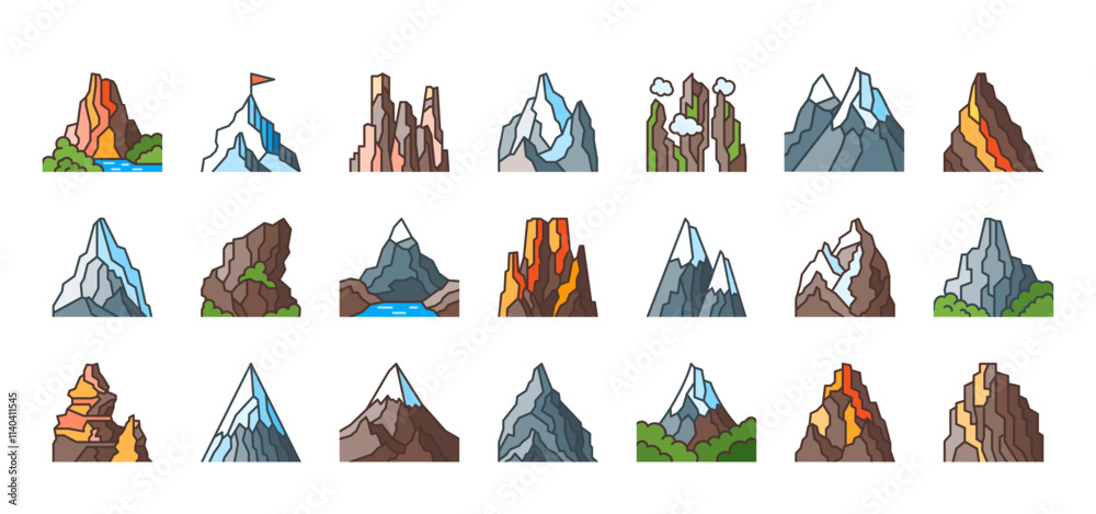 Mountain colorful icon set. Various cliff peaks, volcanoes, rock ...