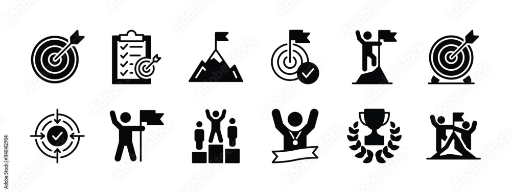 Business goals icon set. Containing target, aim, accurate, objective, and mission of success ...
