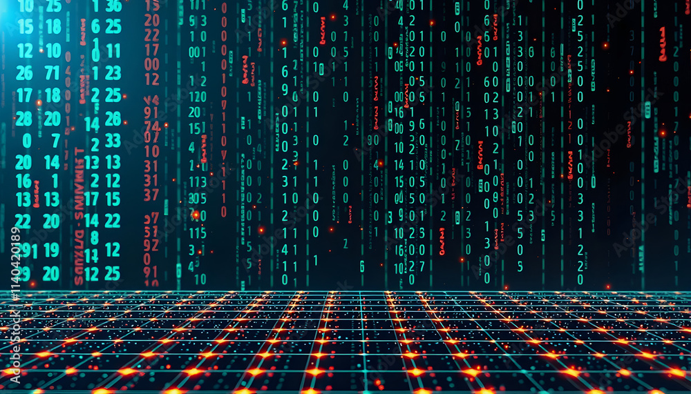 Abstract tech background. Floating Numbers HUD Background. Matrix particles grid virtual reality ...