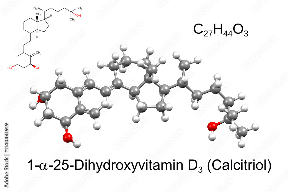 Chemical formula, structural formula and 3D ball-and-stick model of vitamin D3 (calcitriol ...