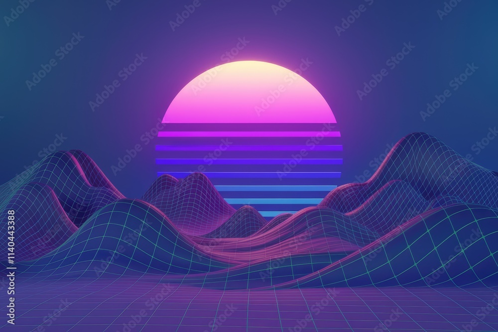 Synthwave landscape with vibrant sunset and gridded hills retro ...