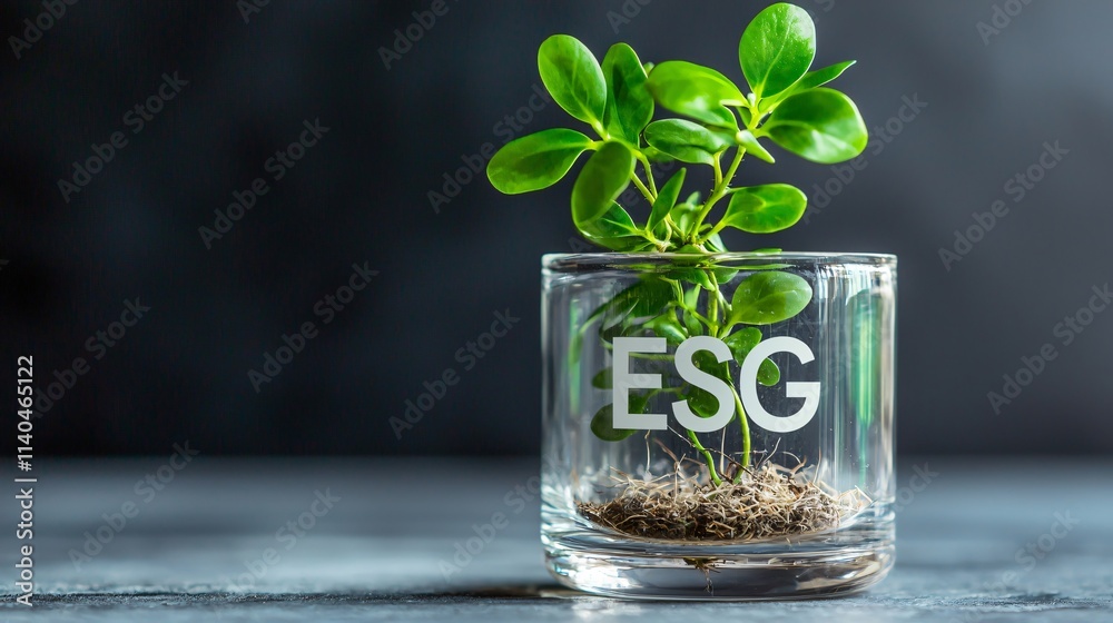 ESG concept. Fresh green plant in a glass container labeled ESG ...