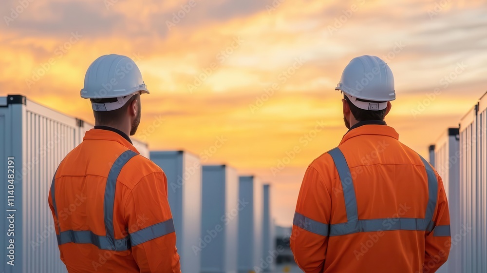 Workers installing highcapacity batteries at a renewable energy ...