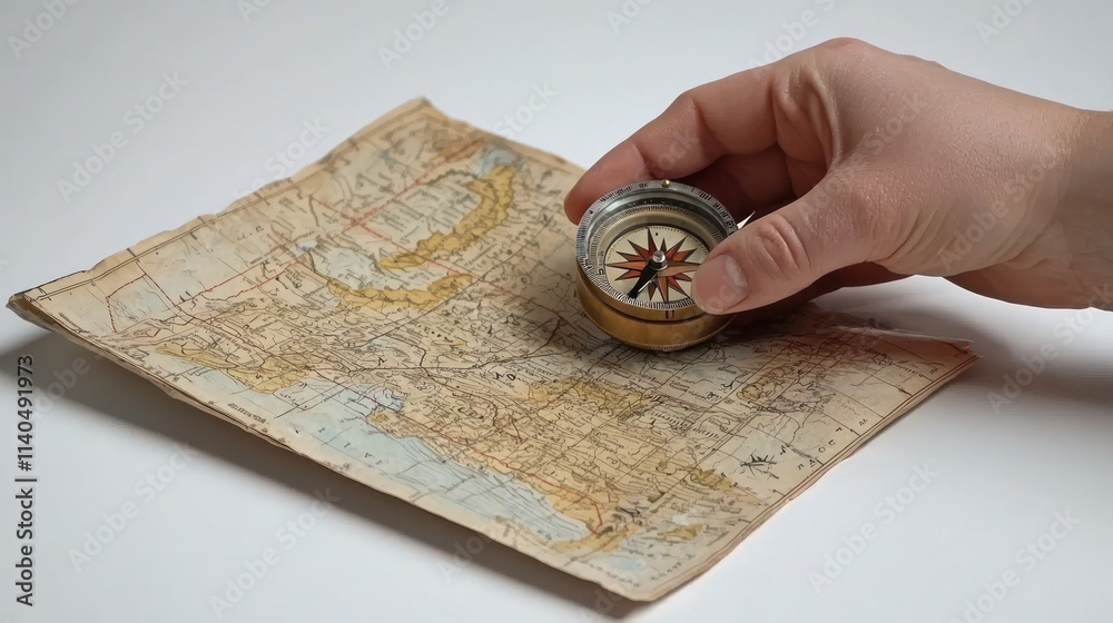 Map and compass: A hand holding a compass over an unfolded map on a ...