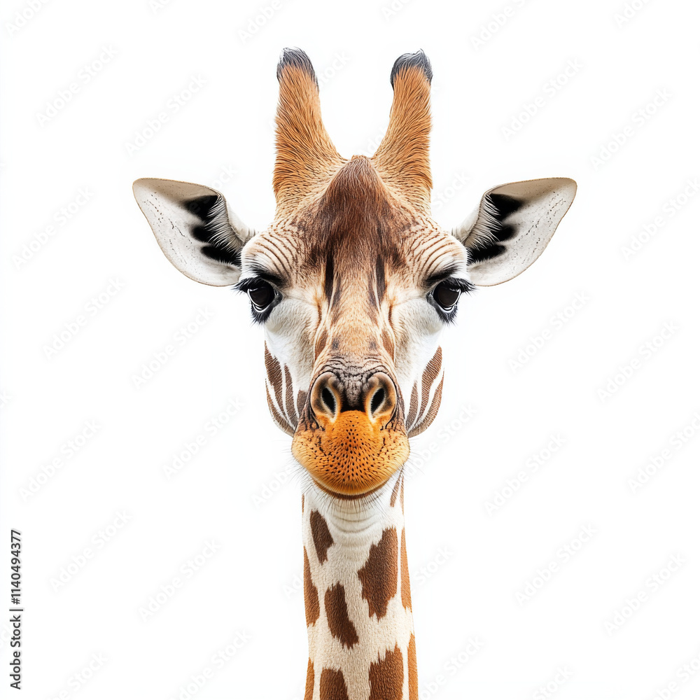 Giraffe portrait with distinctive features and white background ...