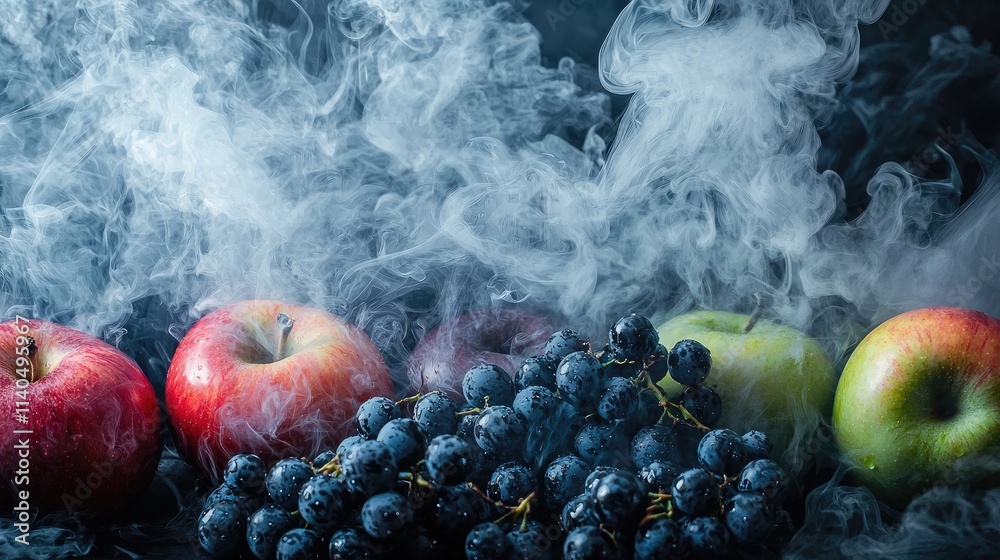 wallpaper of smoke and fruits like grapes, blueberrys, apples in the ...