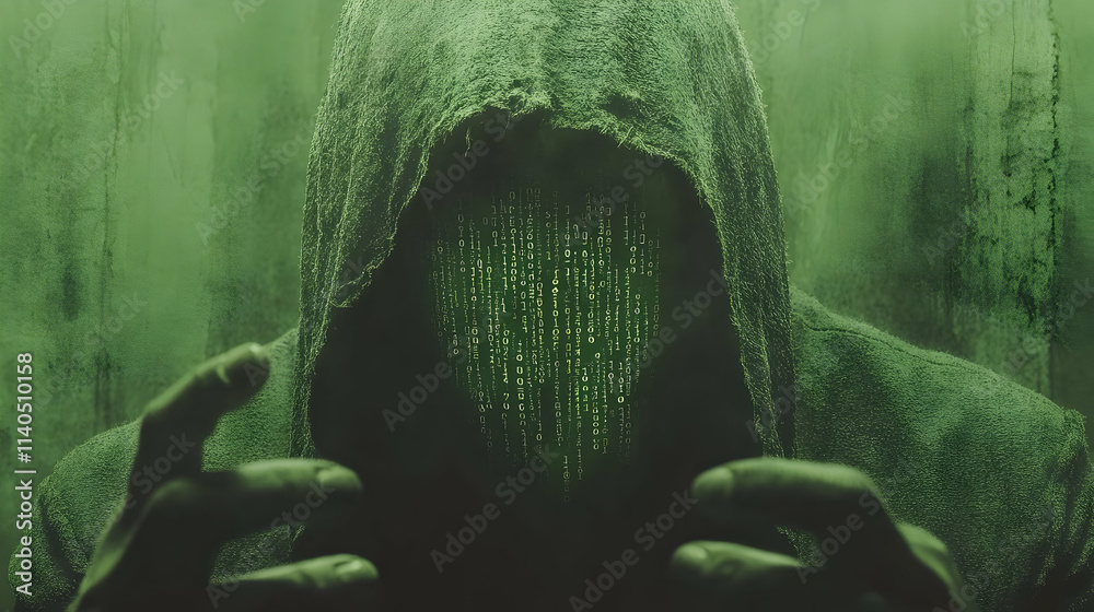 In a futuristic, dark setting, an anonymous hacker with a glowing binary code digital face ...