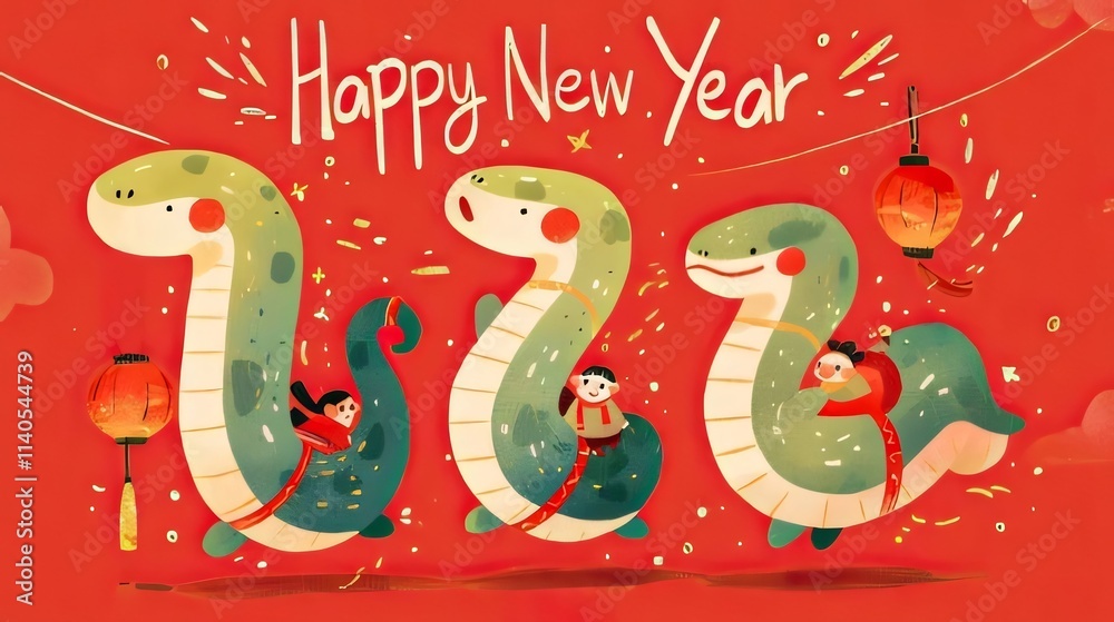 Happy New Year illustration featuring three stylized snakes forming the ...