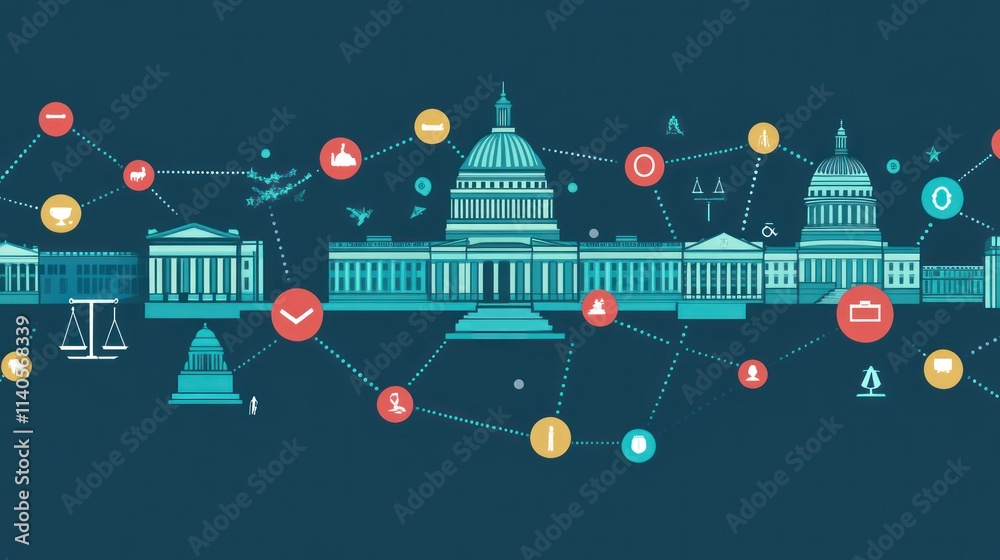 US Capitol building with connected icons representing government, law ...