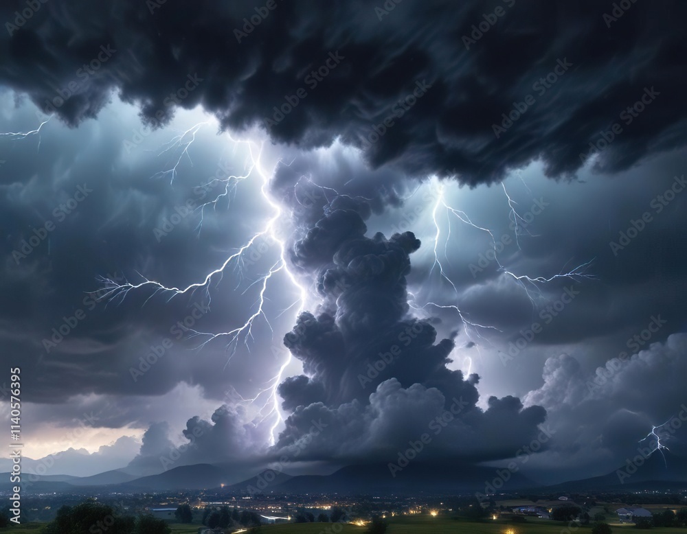 Blue background with dark grey clouds and lightning flashing across the ...