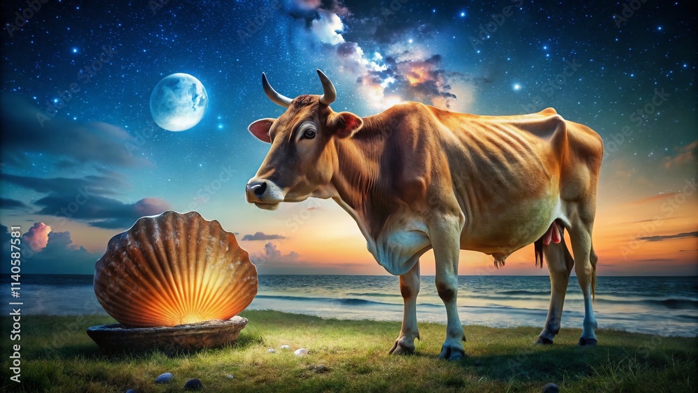 Ilustración de Stock Night Photography: Cow Shell Moonlight, Dark Sky ...