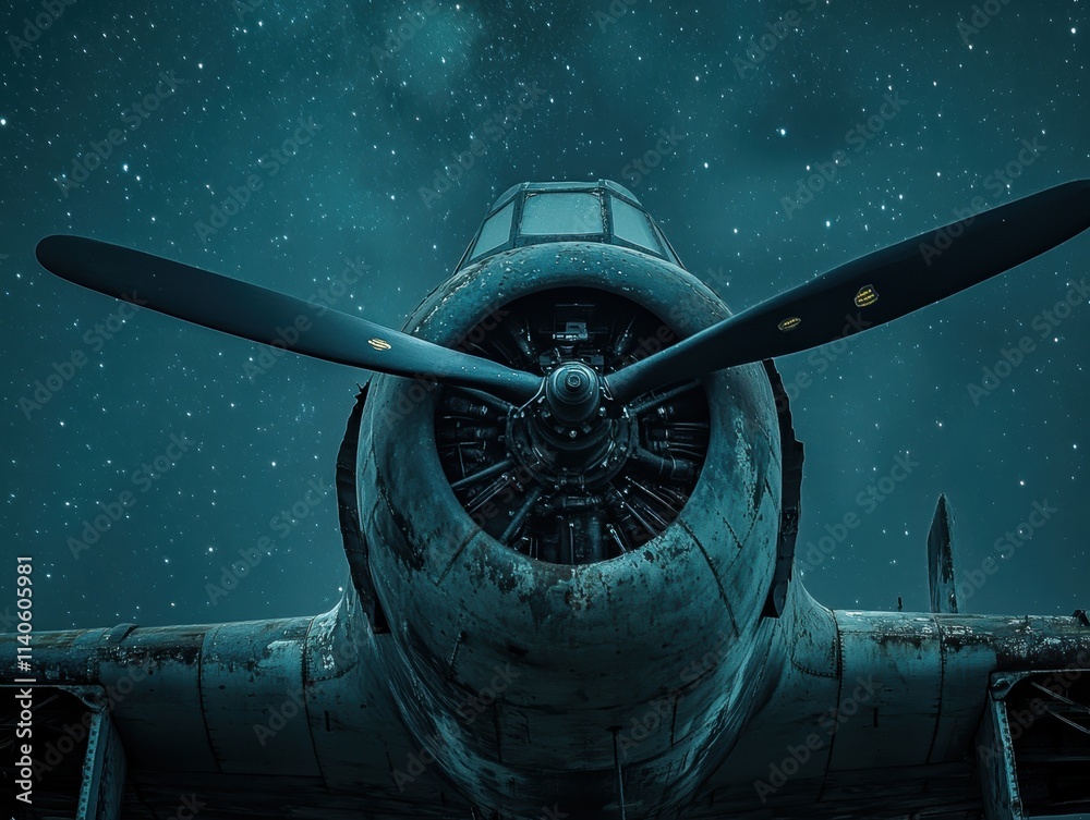 WWII Fighter Jet Gliding Silently Under Starry Sky Airfield Photography ...