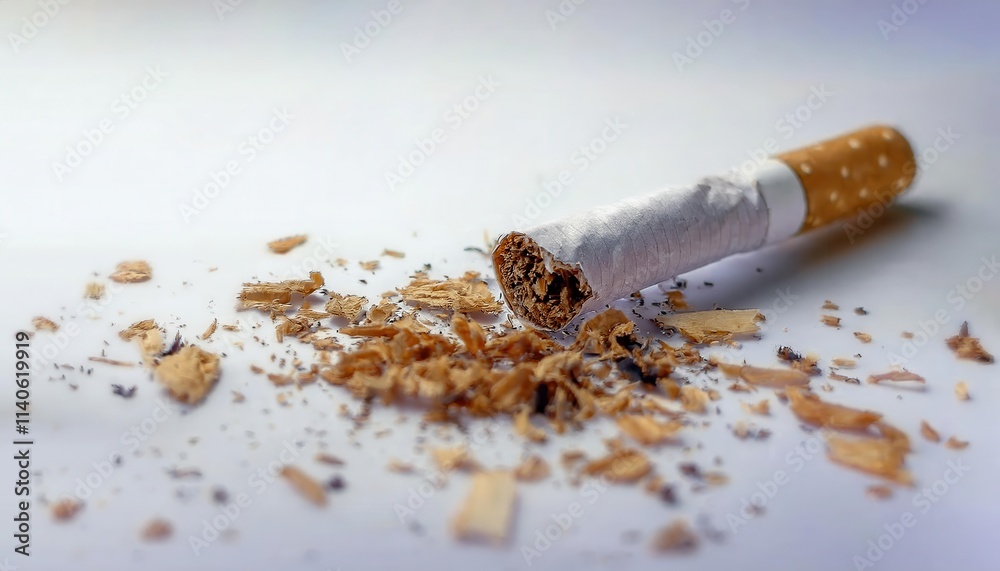 Close-Up of a Broken Cigarette with Scattered Tobacco on White ...