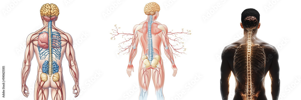 set of a anatomy human's back, nervous system, and brain isolated on a ...