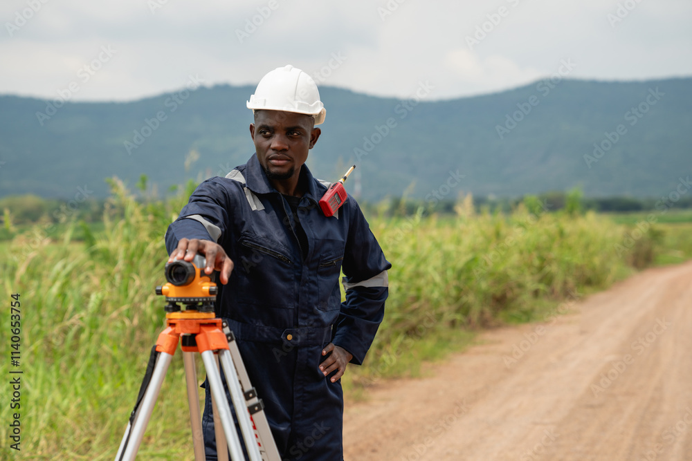 Foto de Stock The survey team is using a theodolite and road ...