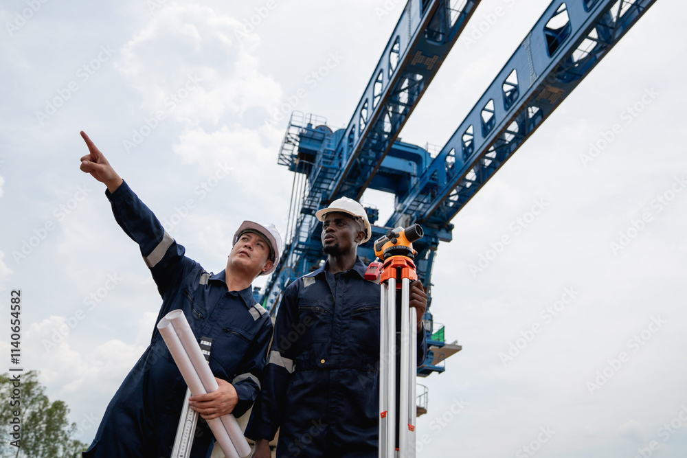 The survey team is using a theodolite and road construction plans to ...