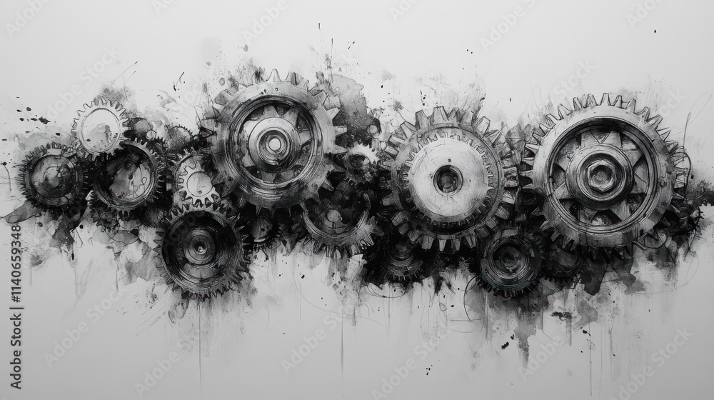 black and grey gears drawing. The image depicts a detailed and artistic ...