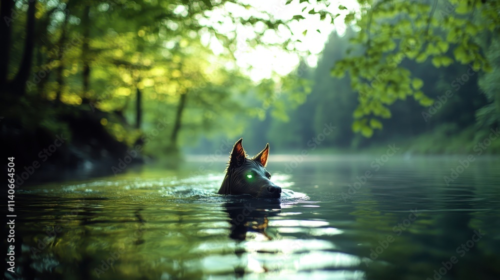 A creature with luminous green eyes swims quietly through a calm lake ...