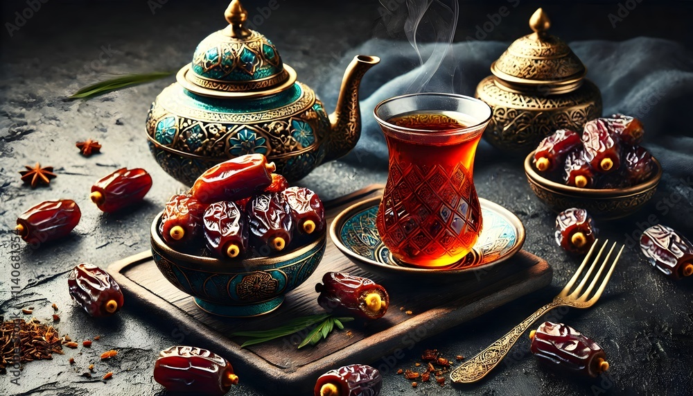 date dried dates hurma khorma fruit Iranian Arabic and glass of tea, on ...