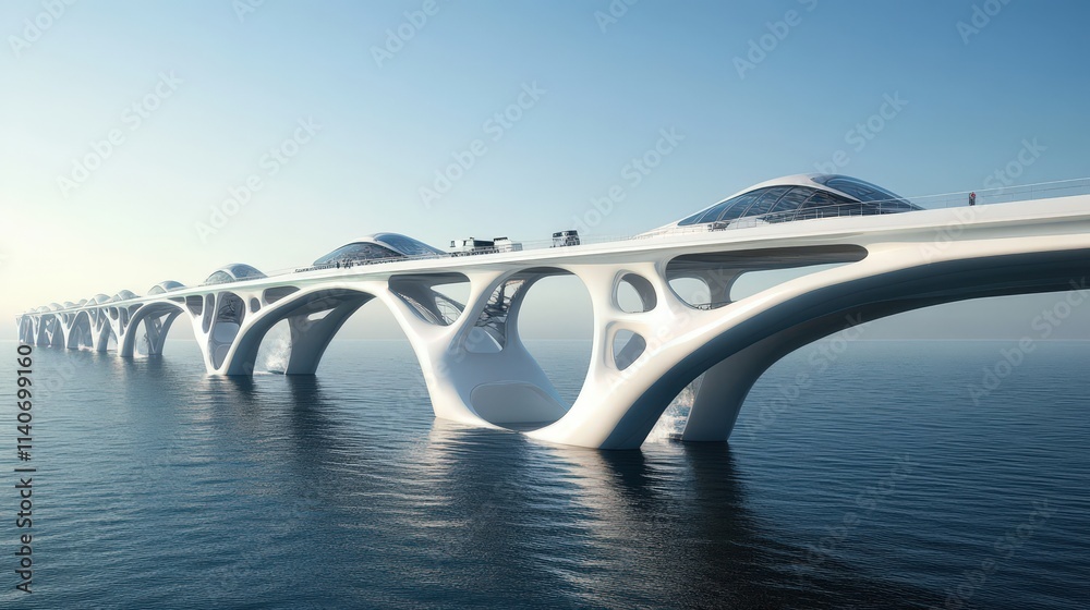 futuristic multi-level bridge spanning over a wide bay, with moving ...