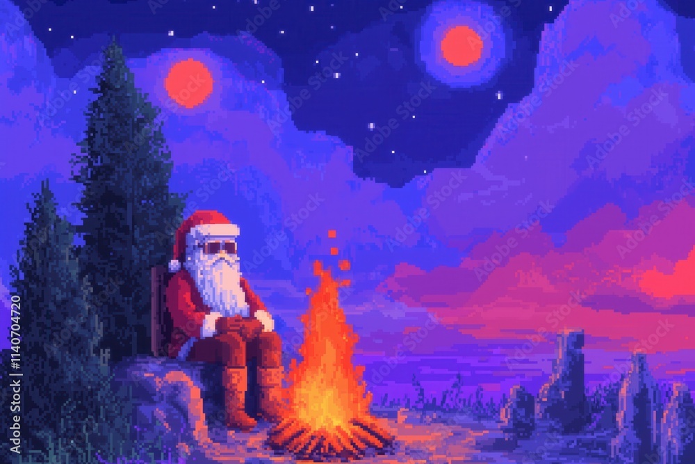 Pixel Art Santa Claus Sitting by a Campfire Under a Starry Night Sky ...