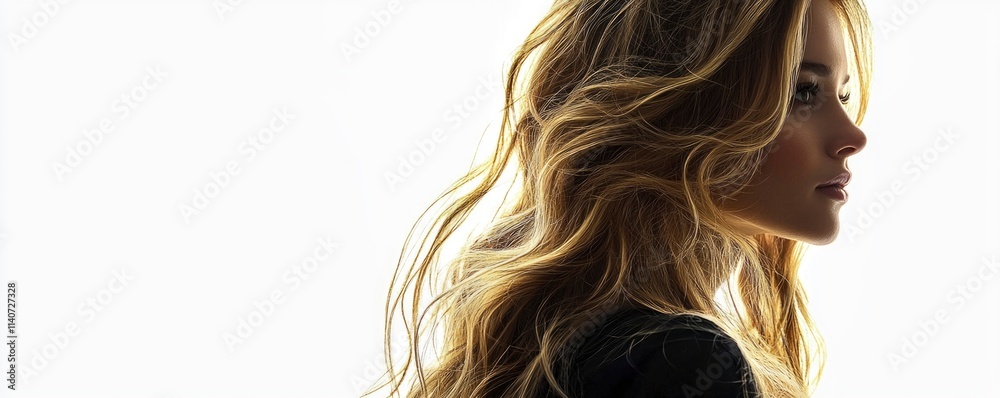 Woman with flowing hair poses in profile against a bright background ...