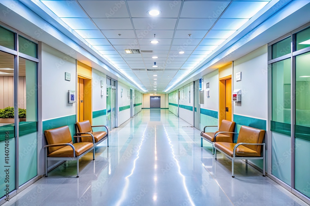 Deserted hospital corridor; medical cubicles, chairs, and a table ...