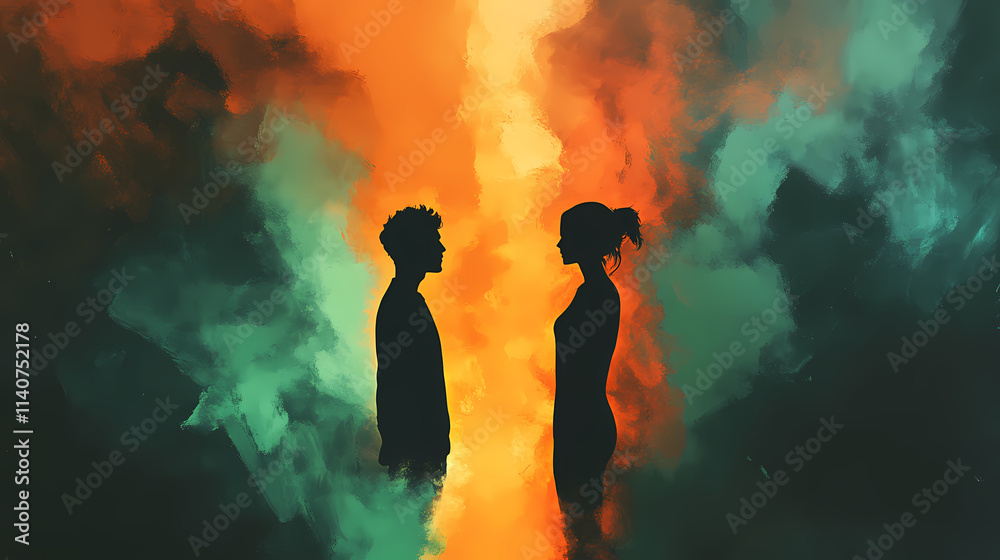 Silhouetted couple separated by orange and green smoke low angle ...