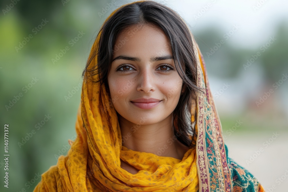 Interactive AR/VR-ready image of a smiling rural Indian woman in ...