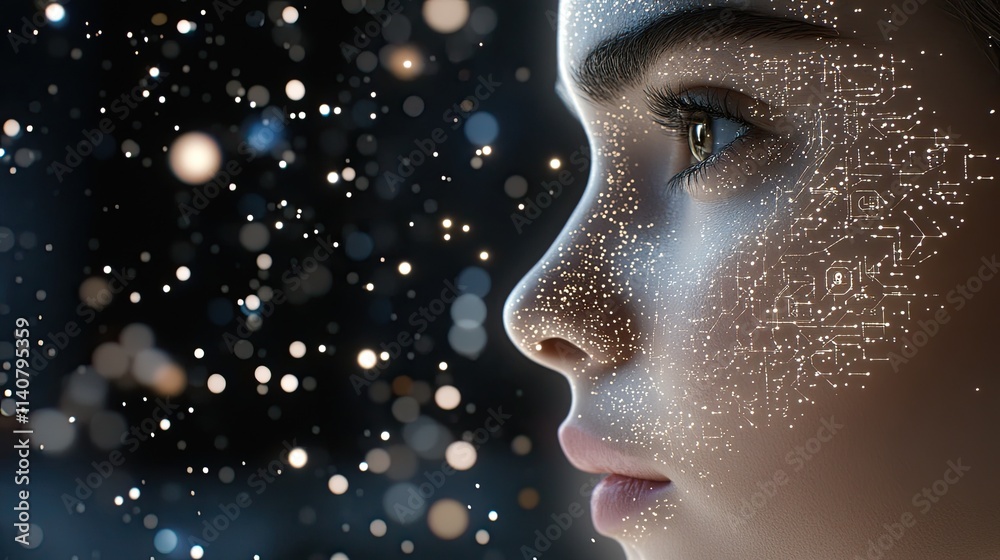A side profile of a face blends human characteristics with digital ...
