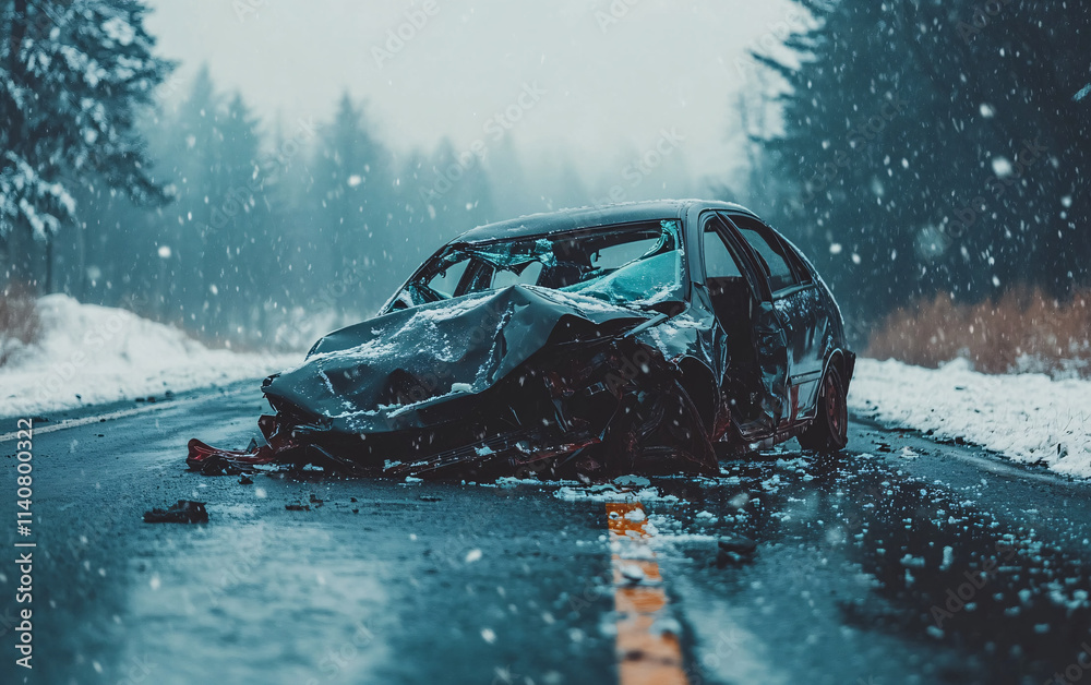Damaged car wreck in the middle of a snowy road during heavy winter ...