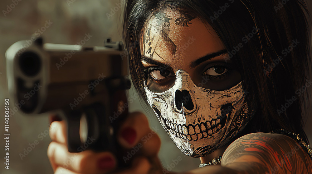 Stylized illustrations of women with skull face paint and guns, bold ...