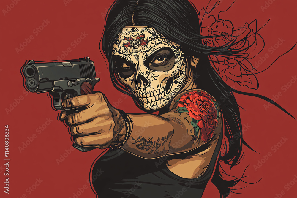 Stylized illustrations of women with skull face paint and guns, bold ...