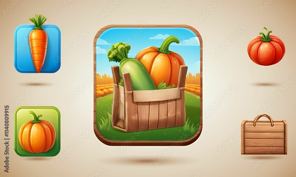 Farm game icon. Vegetable and bag ui item vector. Supermarket grocery ...