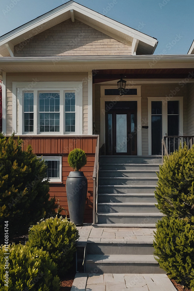 Tan colored house with a brown front door, gray stone steps, and ...