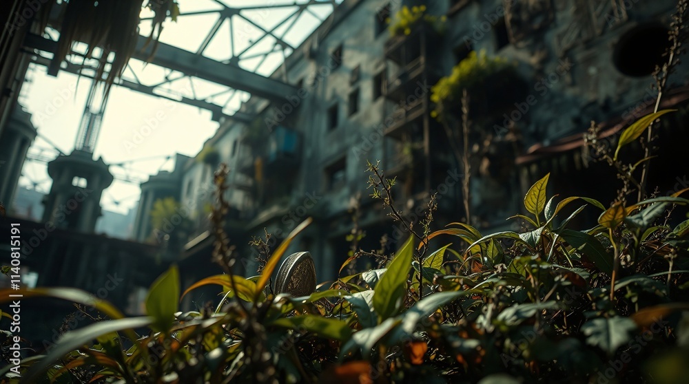 Artistic Close-Up of Decaying Architecture and Overgrown Plants in a ...