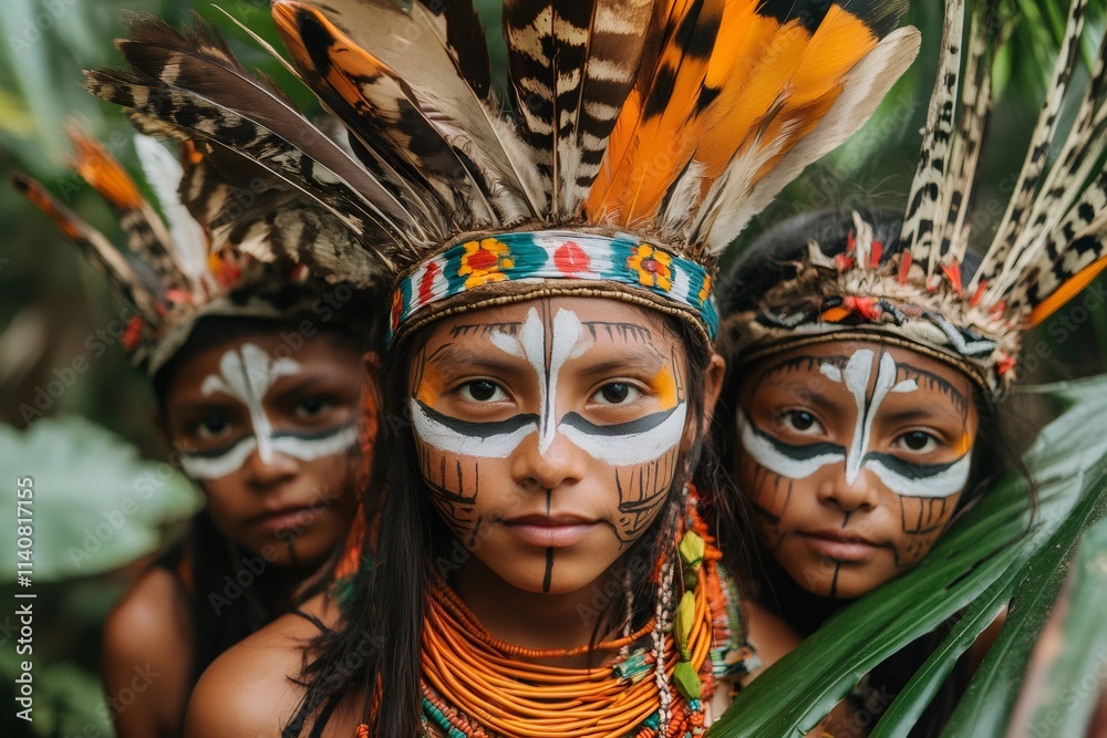 Indigenous children wearing traditional headdresses and face paint in ...