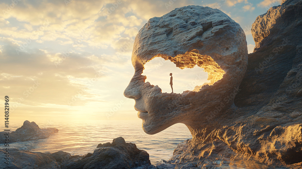 Surreal artwork of human faces sculpted into rocky landscapes with ...