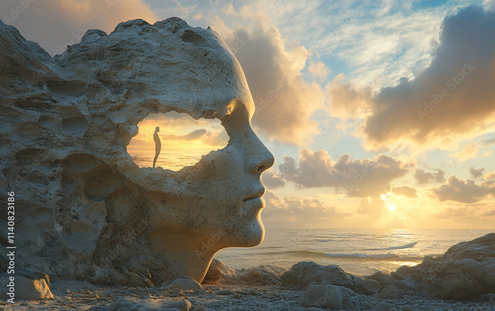 Surreal artwork of human faces sculpted into rocky landscapes with ...