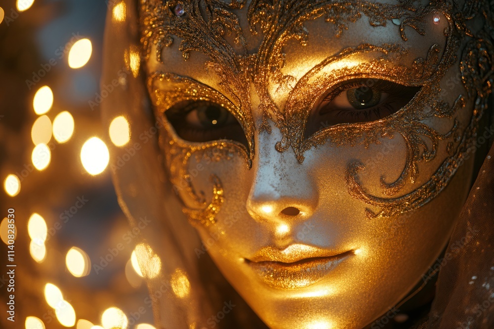 Mysterious woman wearing golden venetian mask with blurred lights in ...