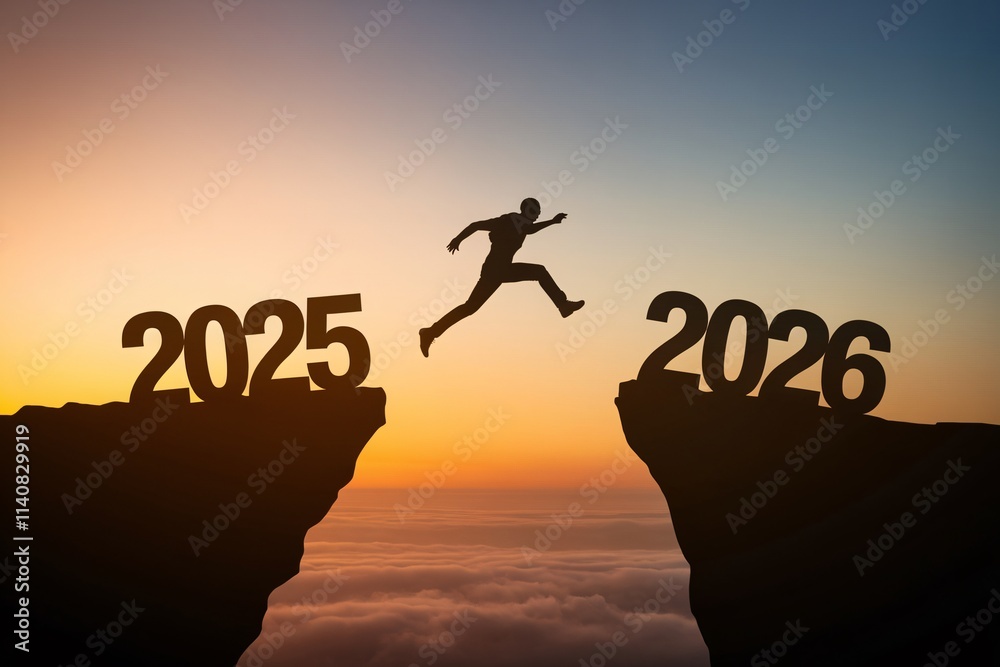 Happy new year 2026,Silhouette Man jumping from 2025 cliff to 2026 ...