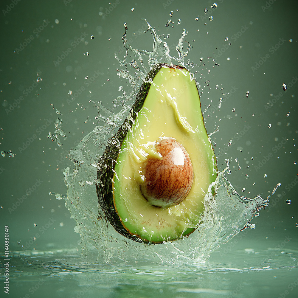 Fresh avocado halves splashing into water with dynamic droplets and ...