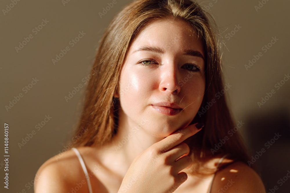 Portrait of a beautiful woman without makeup with imperfect skin. Acne ...