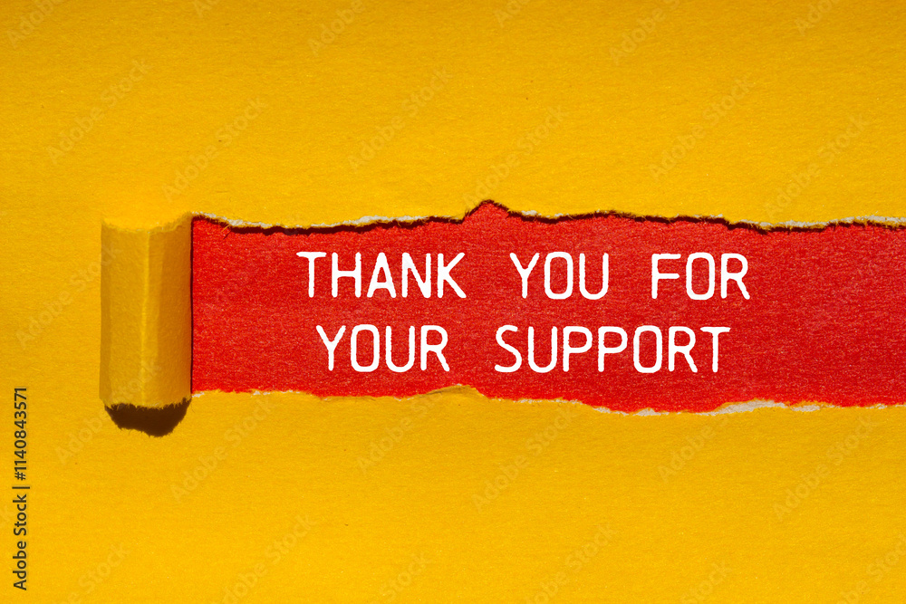 Thank you for your support message written on ripped torn yellow paper ...