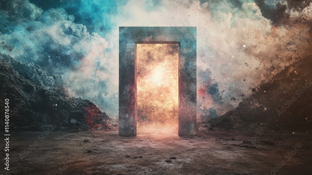 portal opening into a new dimension, revealing a barren world with ...